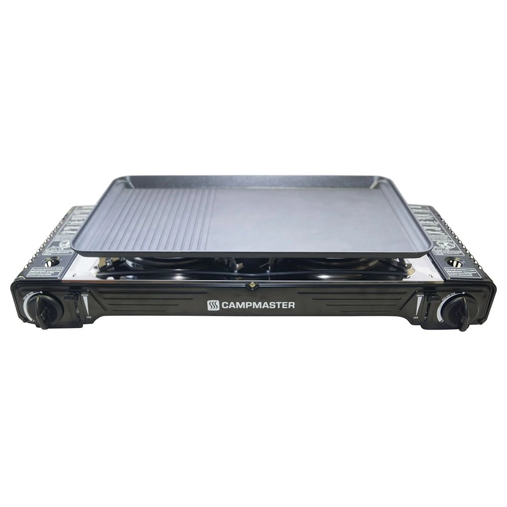 Campmaster Double Burner Butane Stove with Non-Stick BBQ Hotplate ...